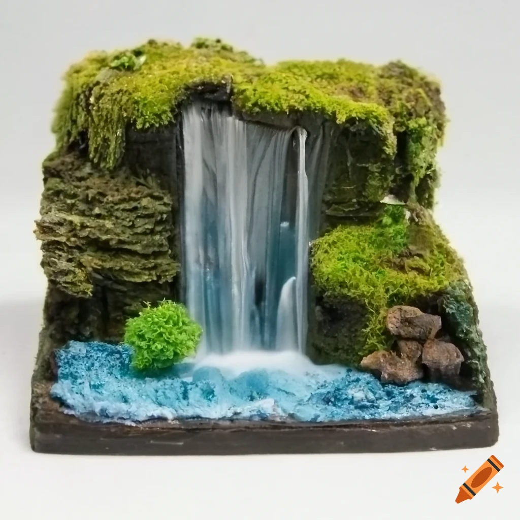 Product photo of a mossy diorama with a miniature waterfall on Craiyon