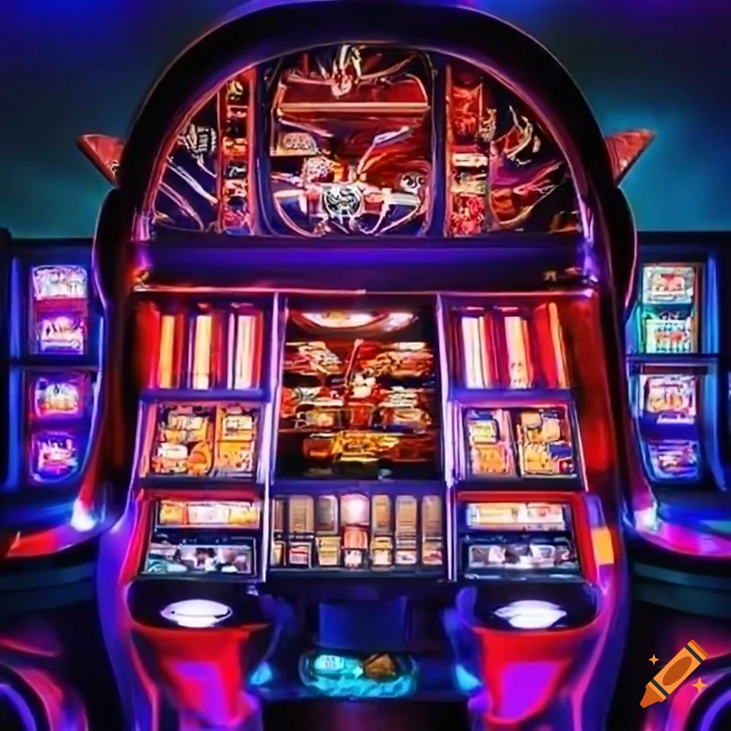 Bustling casino with brightly lit slot machines on Craiyon