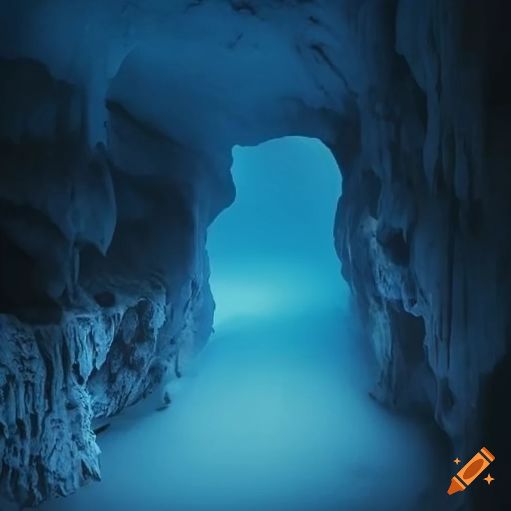 Artistic depiction of a cave in shades of blue