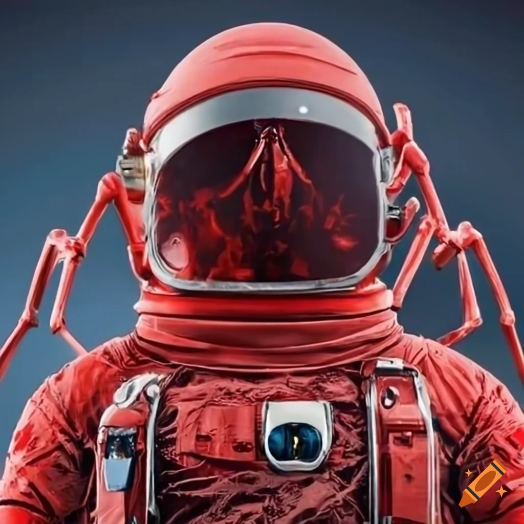Red astronaut with giant spider reflection in helmet