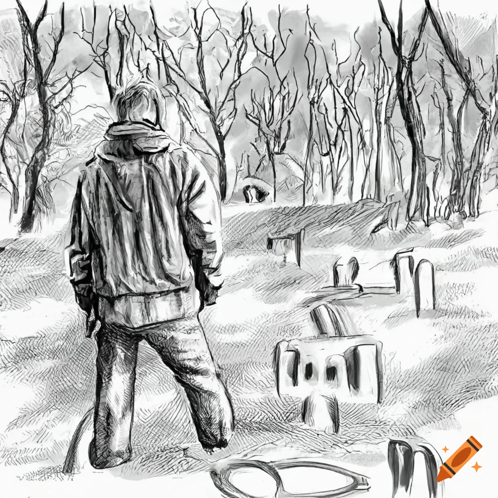Man exploring a graveyard in the forest on Craiyon
