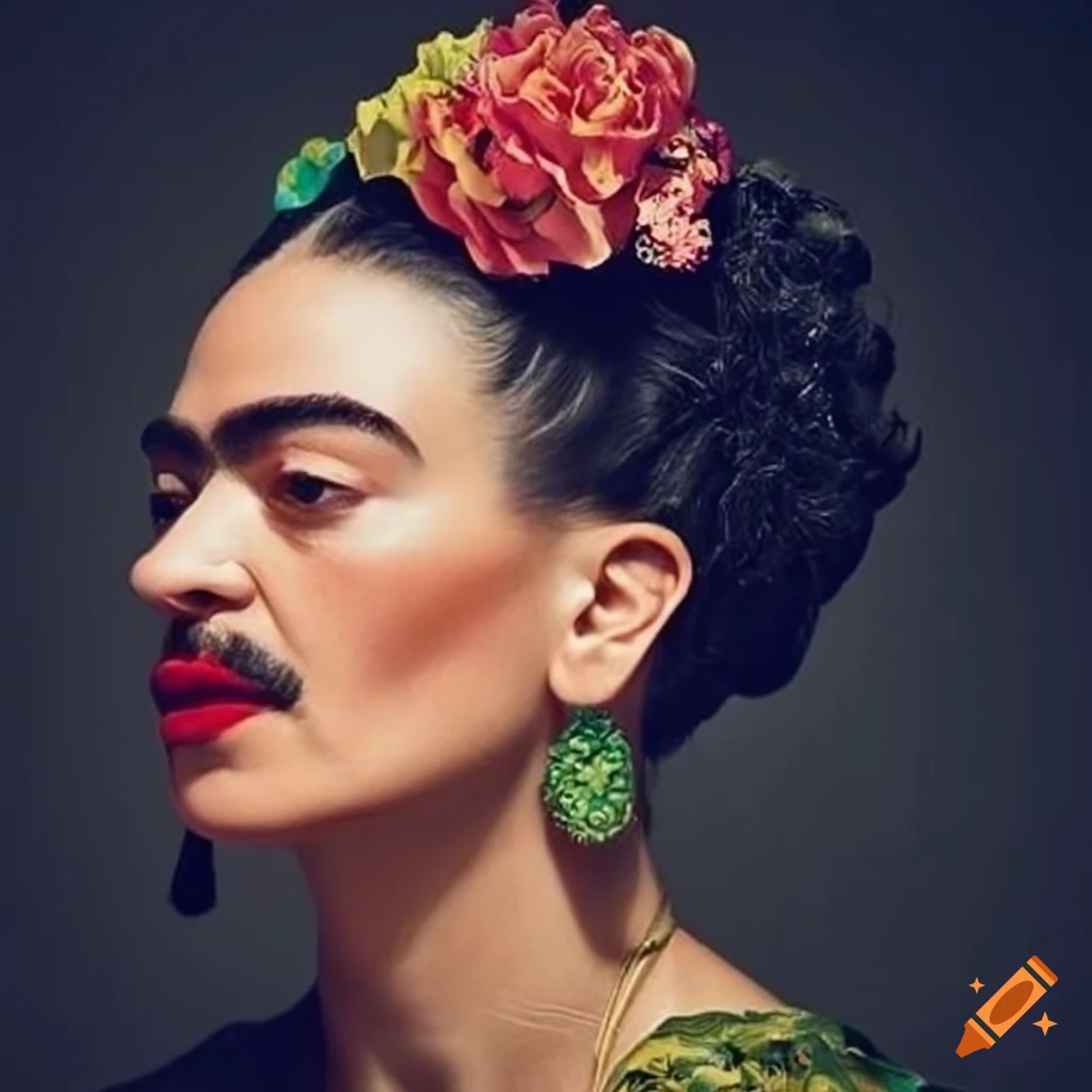 Portrait of Frida Kahlo with a prominent mustache on Craiyon