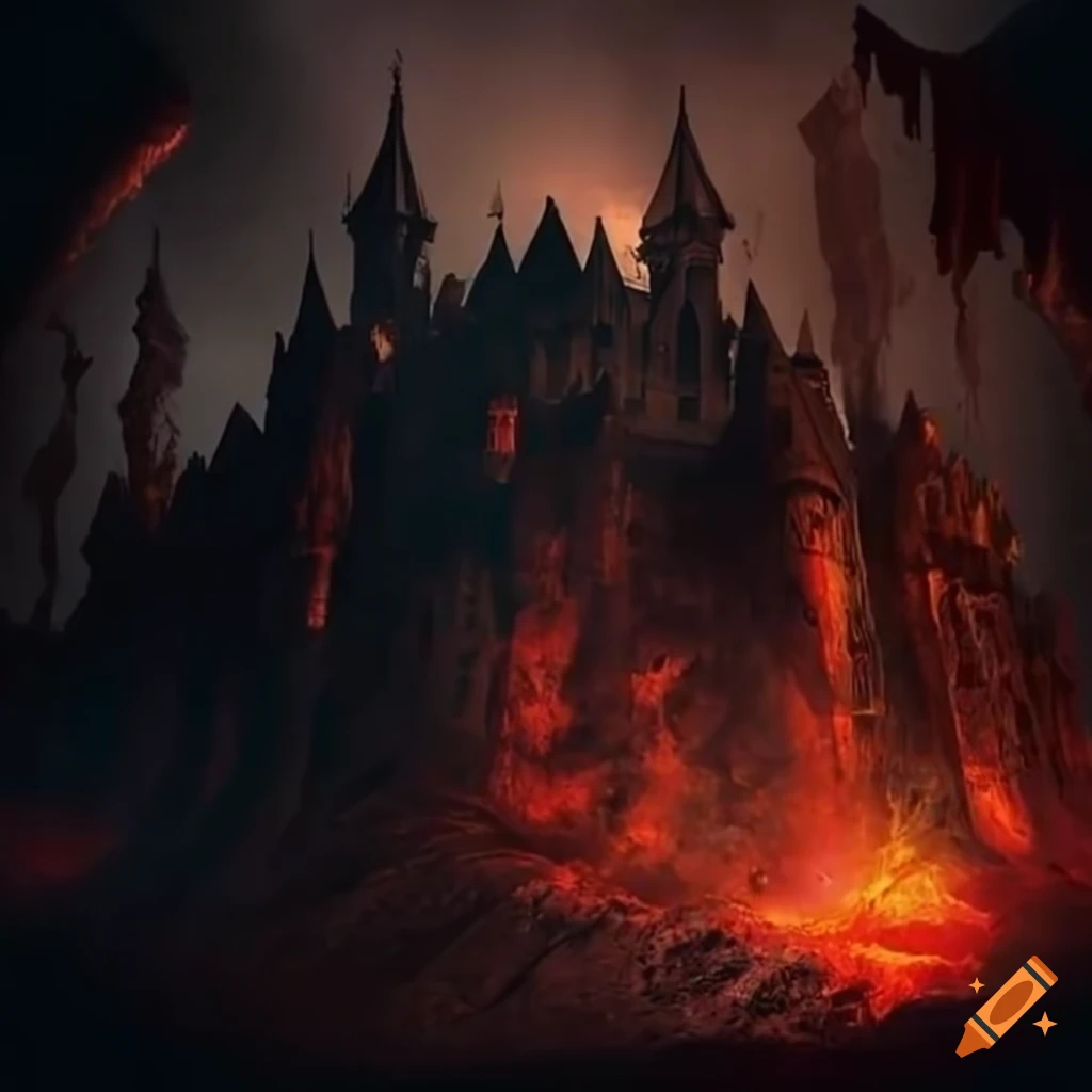 Gothic castle engulfed in molten lava