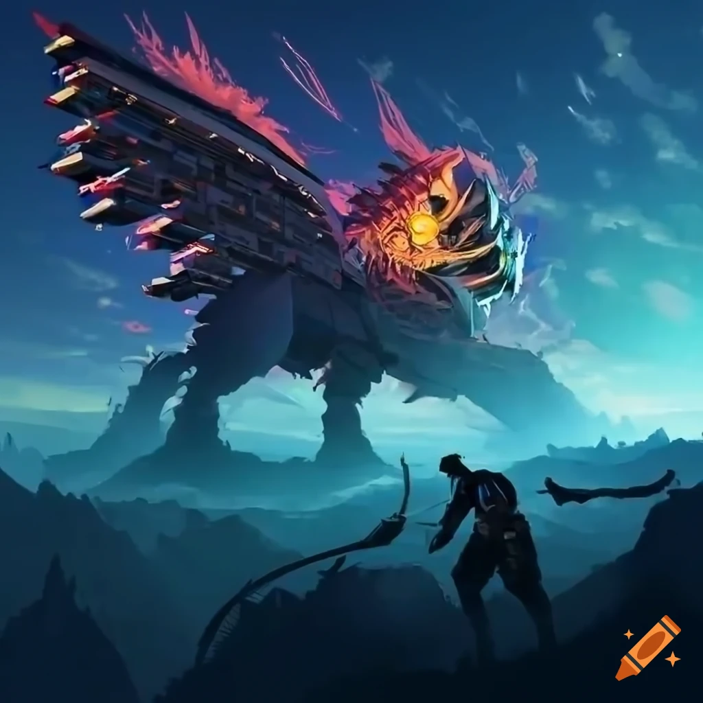 Manga illustration of a giant beast carrying an ancient city on Craiyon