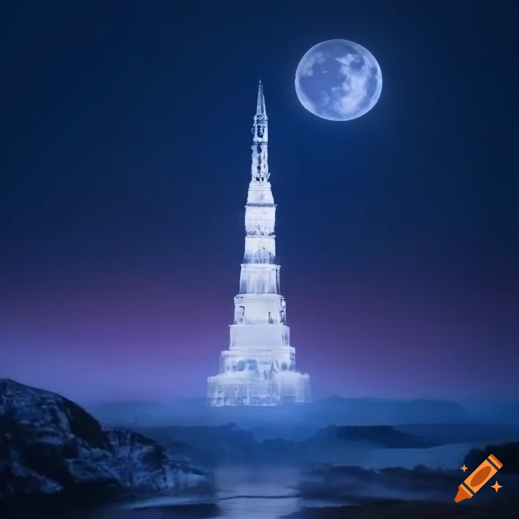 View of a golden tower under a blue moon