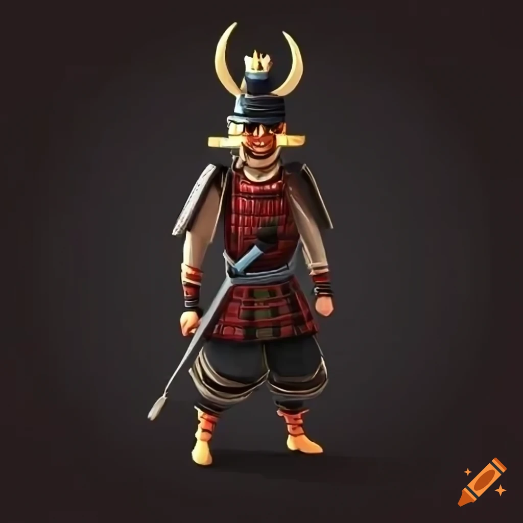 Stylized 2D samurai character in black, 3/4 view on Craiyon