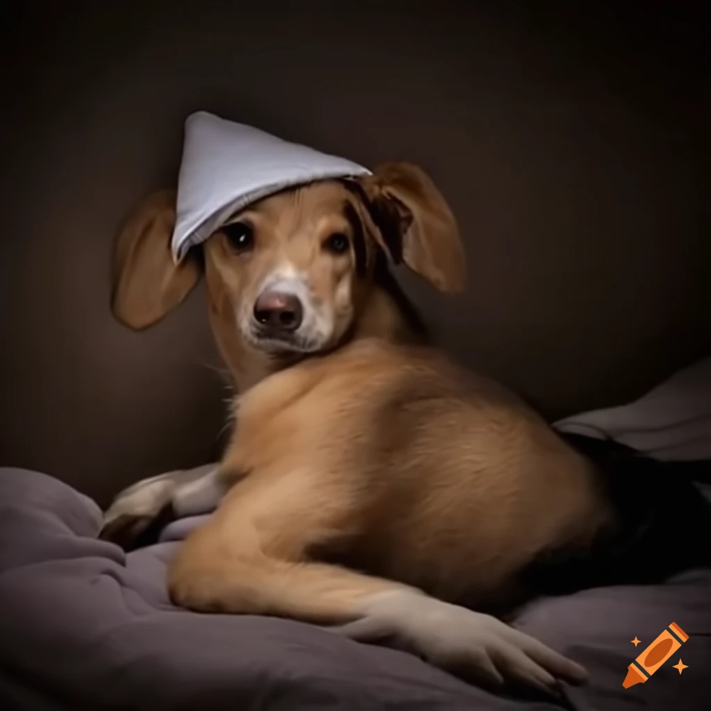 Dog in bed wearing a night cap on Craiyon