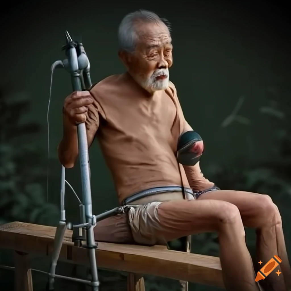 Portrait of an elderly Japanese man sitting on a bench on Craiyon