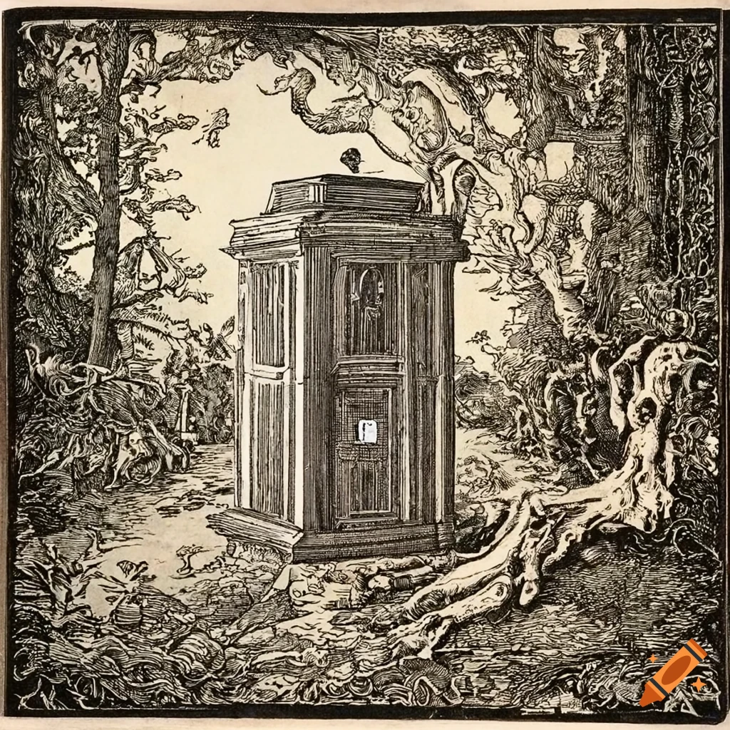 Engraving of the doctor and the tardis in ancient druidic ruins on Craiyon