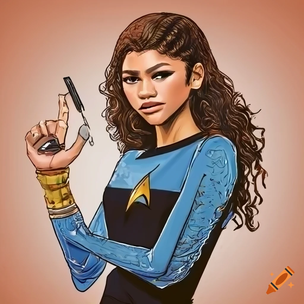Cartoon art of zendaya as a star trek character