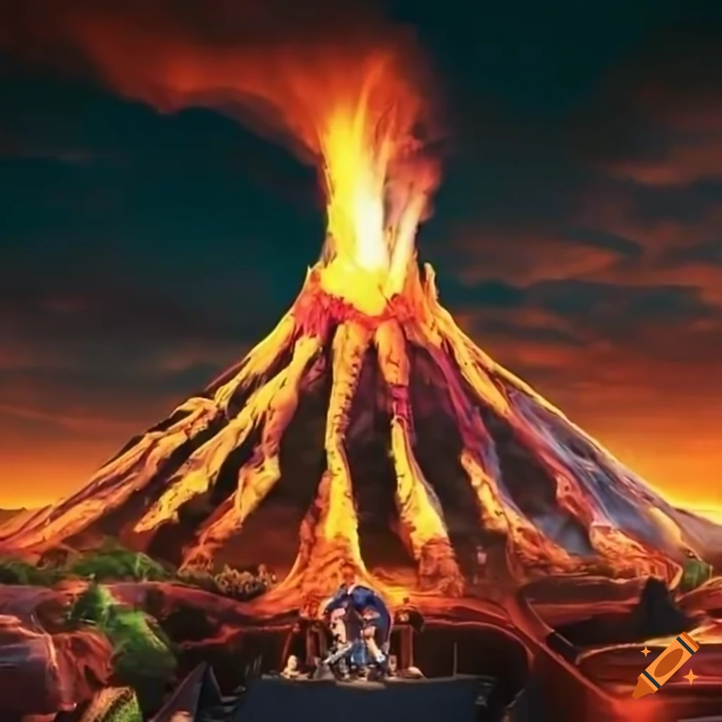 Roller coaster ride through a volcano-themed park