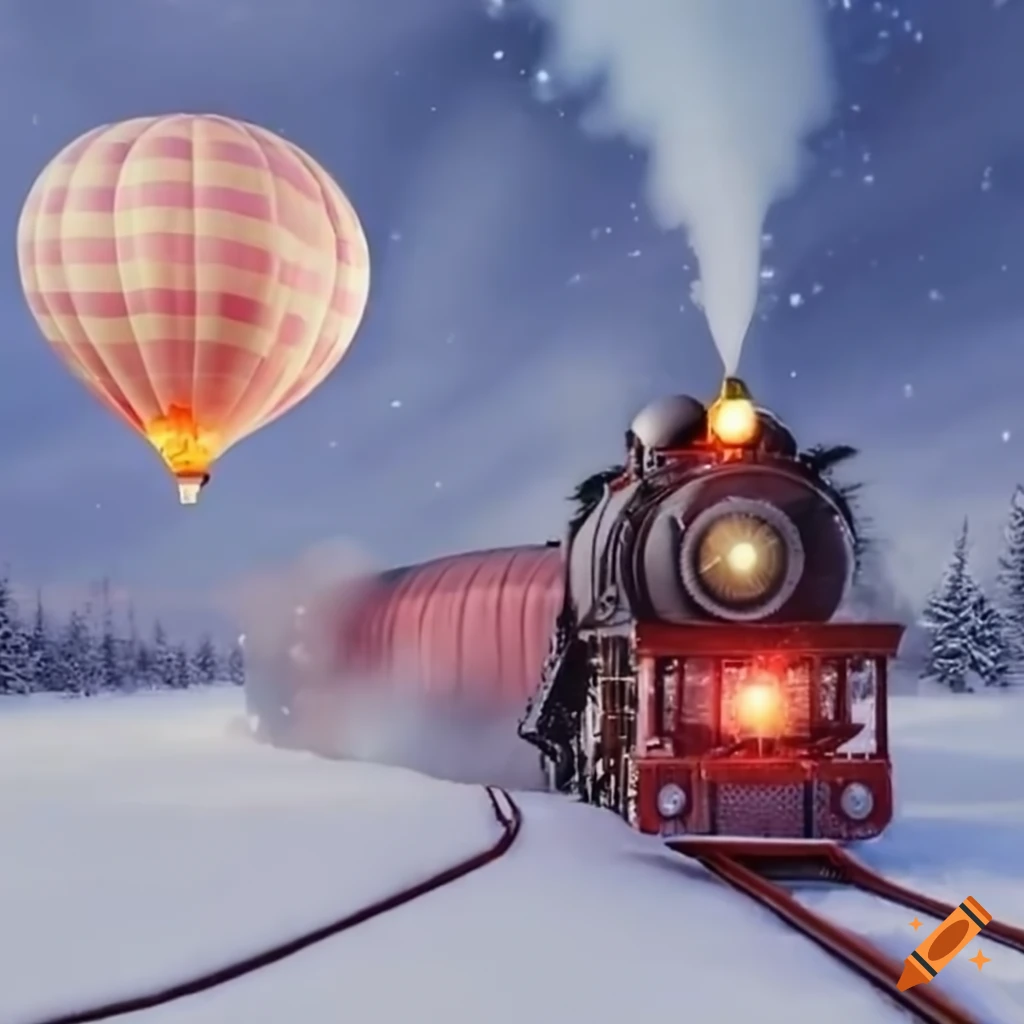 Magical winter scene with a hot air balloon and steam train on Craiyon