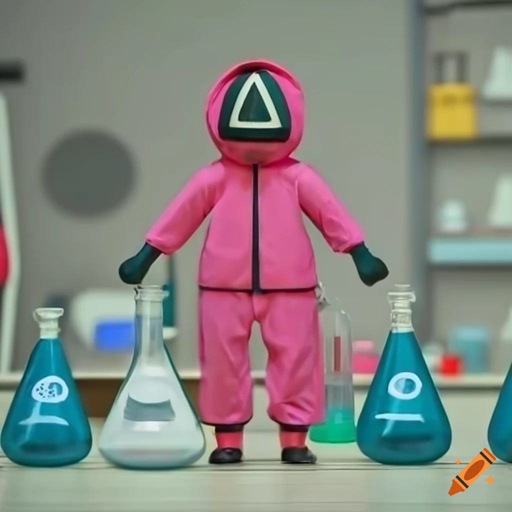 Squid Game character with Erlenmeyer flasks in a lab on Craiyon