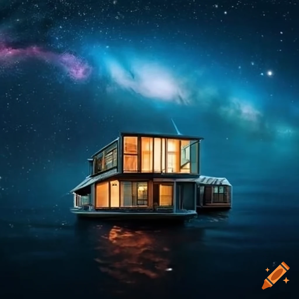 Concept art of a floating house in space