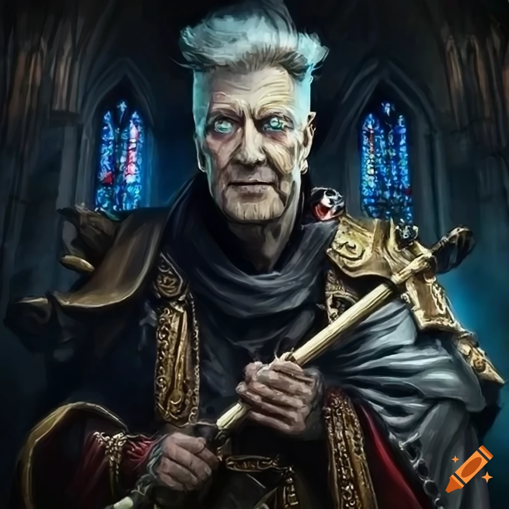 Portrait of David Lynch with glowing blue eyes in gothic cathedral on ...