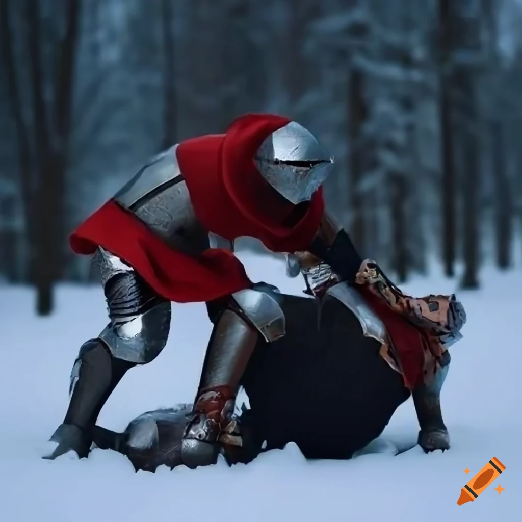 Image of an injured knight in a snowy forest on Craiyon