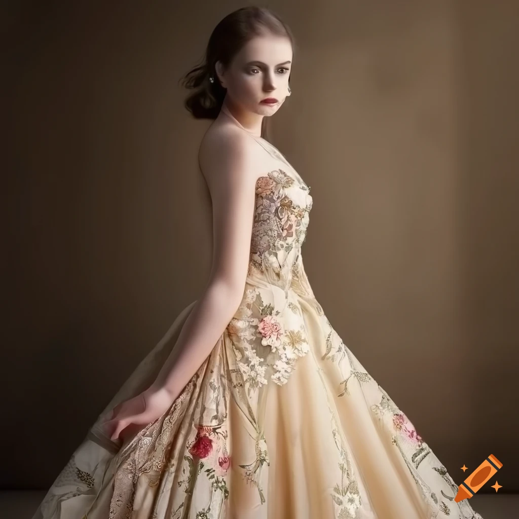 Cream-colored dress with floral embroidery