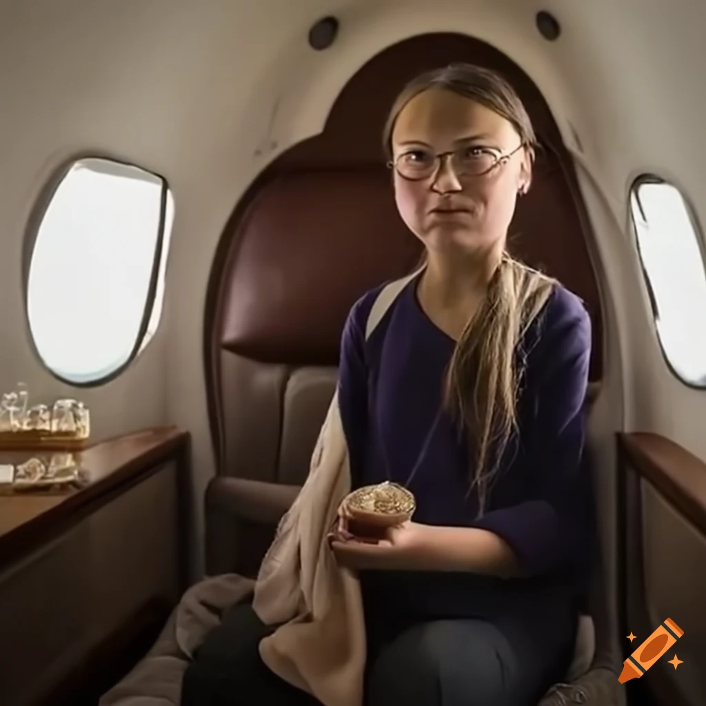 Image of greta thunberg on a private jet on Craiyon