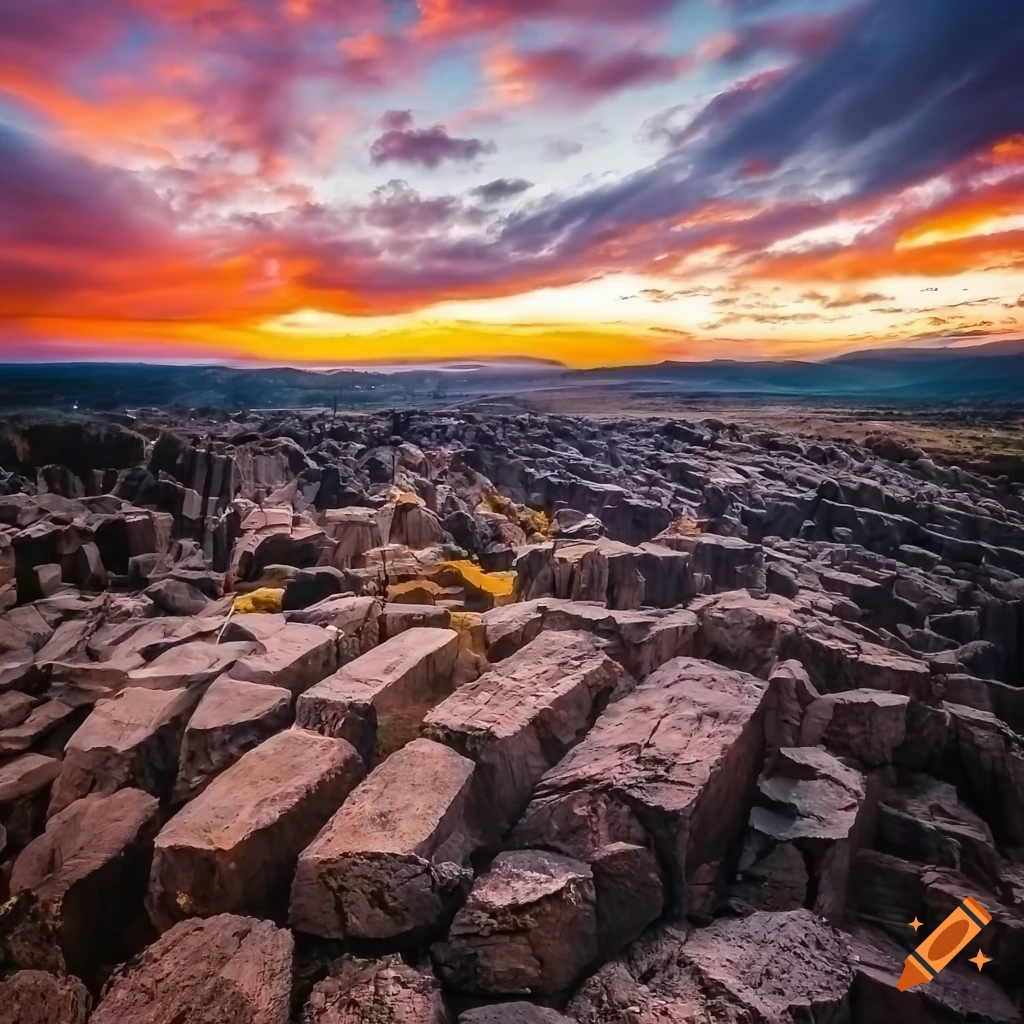 Sunset view of a basalt excavation