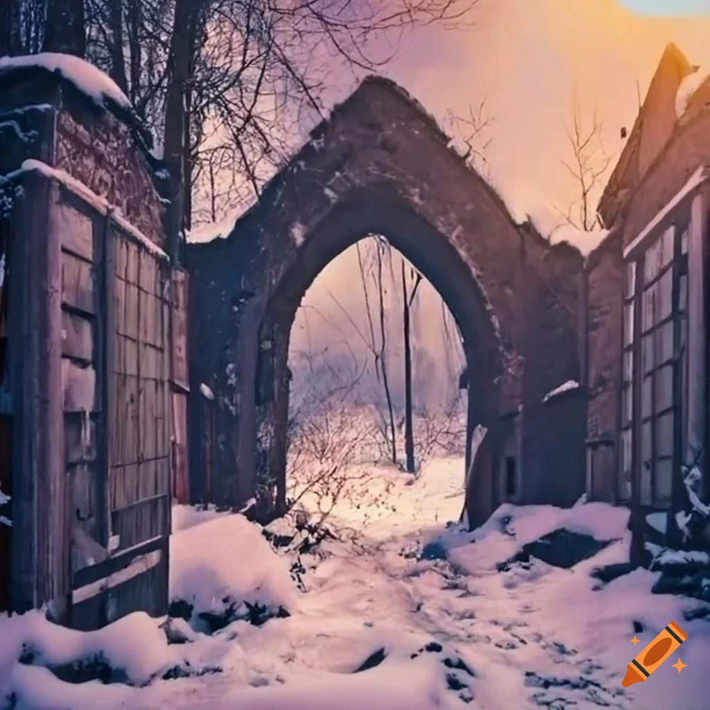 Snow-covered abandoned gate from the 1950s on Craiyon