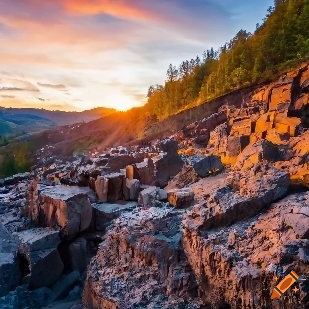 Autumn sunset view of a closeup basalt excavation on Craiyon