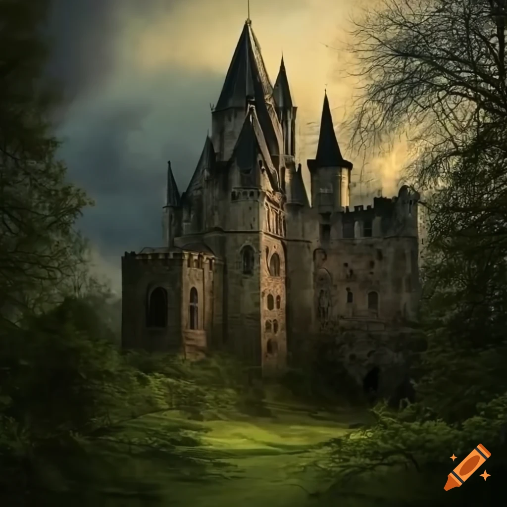 Old gothic castle surrounded by a forest on Craiyon