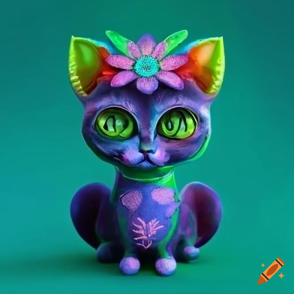 Colorful alien cat with flower-shaped head