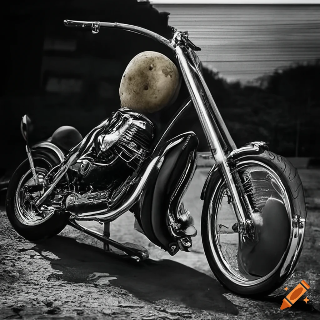 Potato riding a chopper motorcycle on Craiyon
