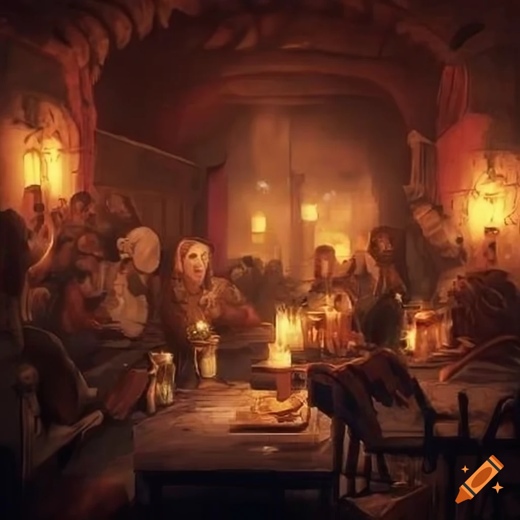 Atmospheric fantasy tavern with people