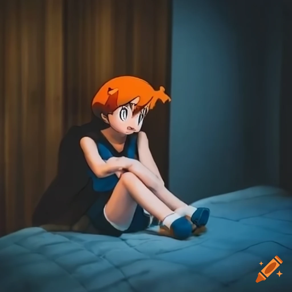 Character misty from pokemon sitting with an injured leg on Craiyon
