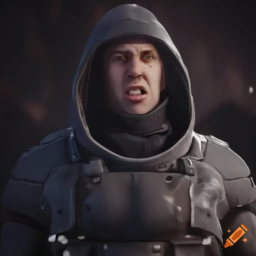 Portrait of an angry sci-fi soldier in a winter landscape on Craiyon