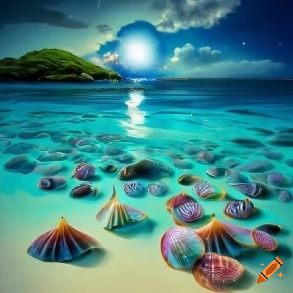 Surreal beach with bizarre seashells, turbulent waves, and eccentric ...