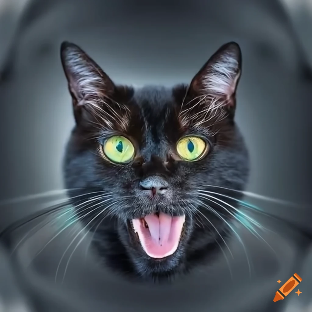 Black cat with mischievous expression in fisheye lens