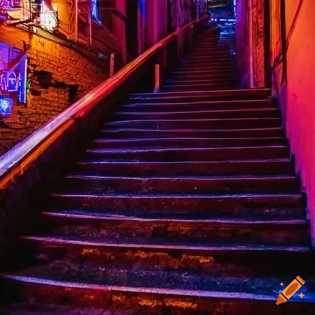 Neon-lit entrance stair in an alley at night on Craiyon