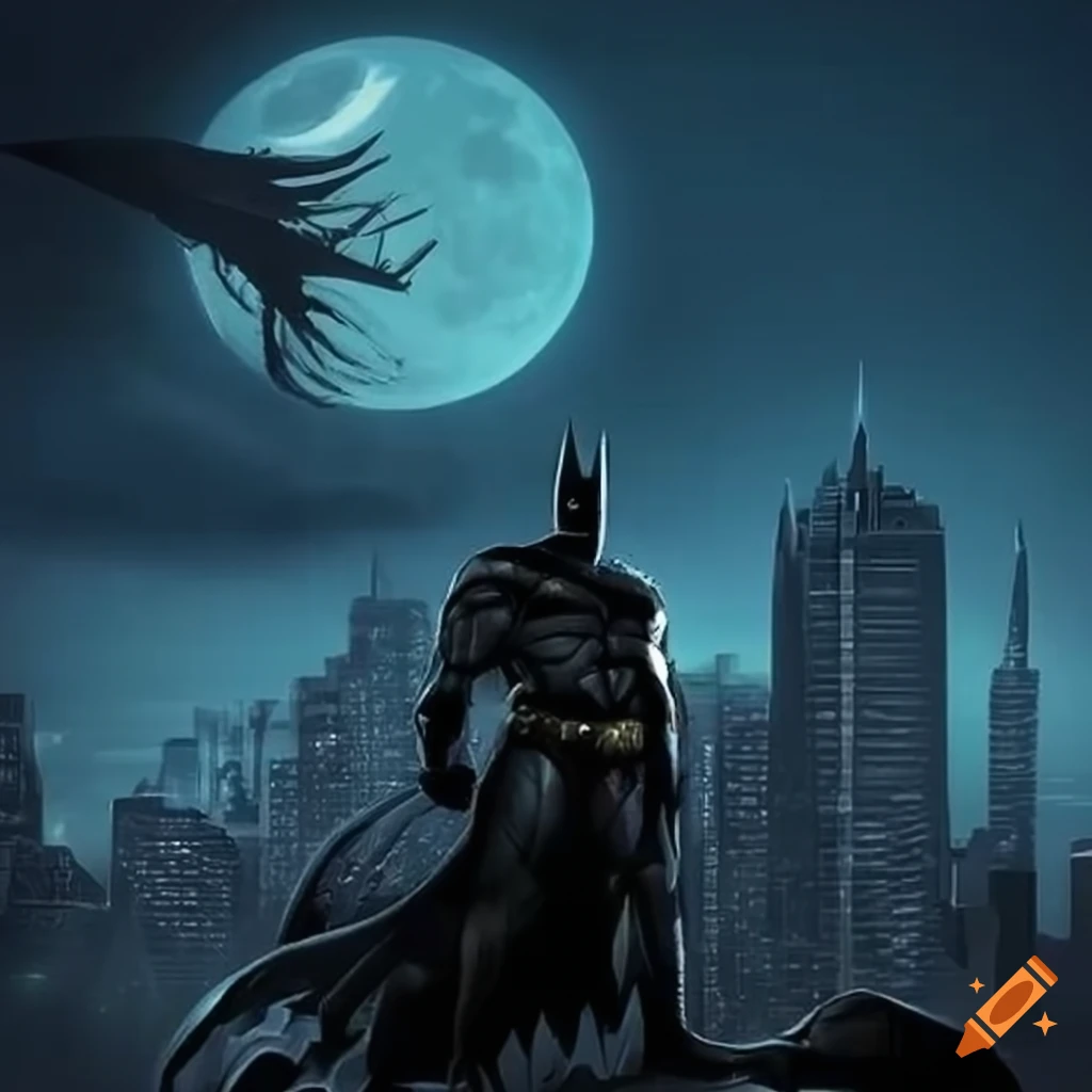 Cityscape with batman standing under the moonlight on Craiyon