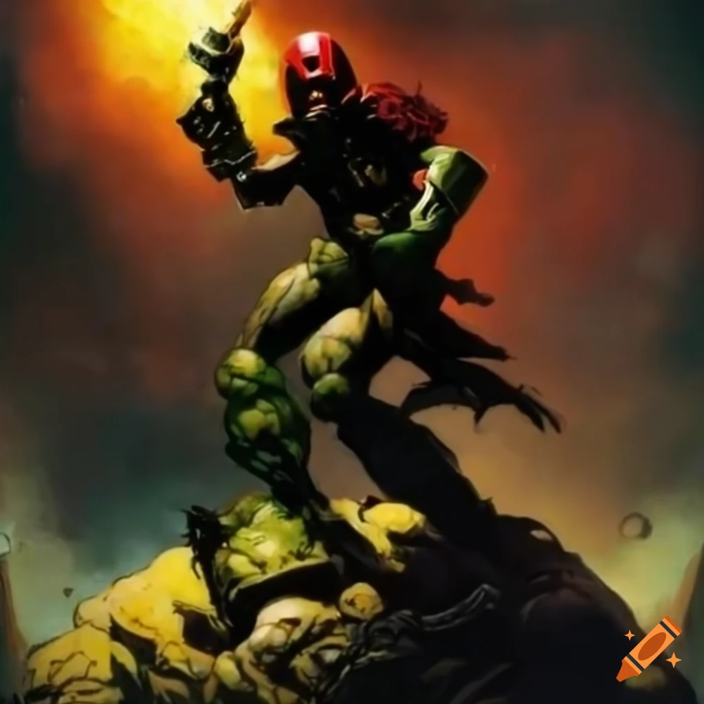 Epic judge dredd illustration in frazetta's art style on Craiyon