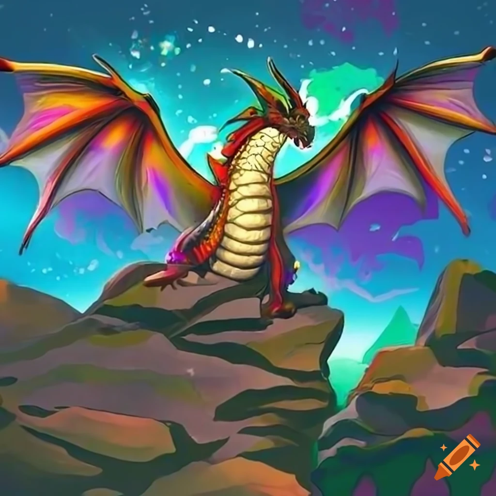 Vibrant scene in the majestic mountains with a dragon on Craiyon