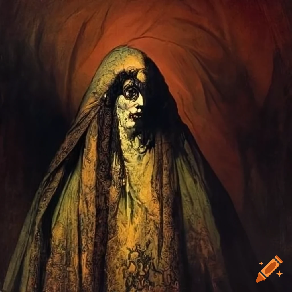 Gustave Doré-style painting of a mysterious figure in colorful veils on ...