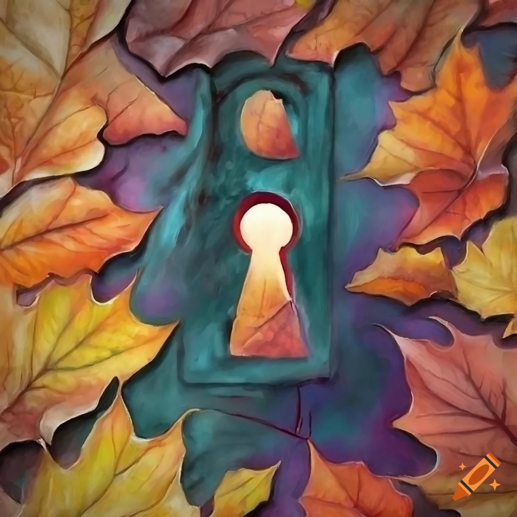 Painting with a keyhole and autumn leaves