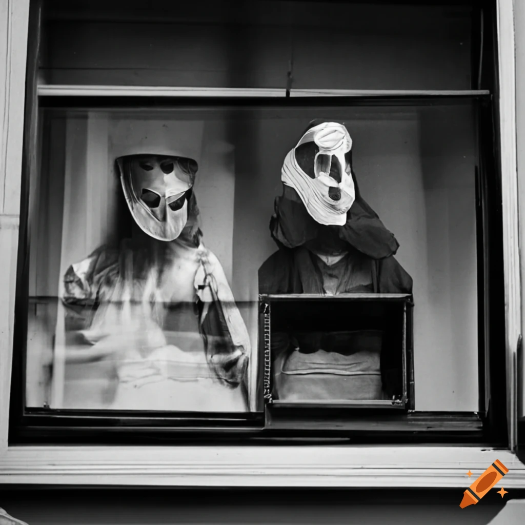 People wearing insect masks at a window