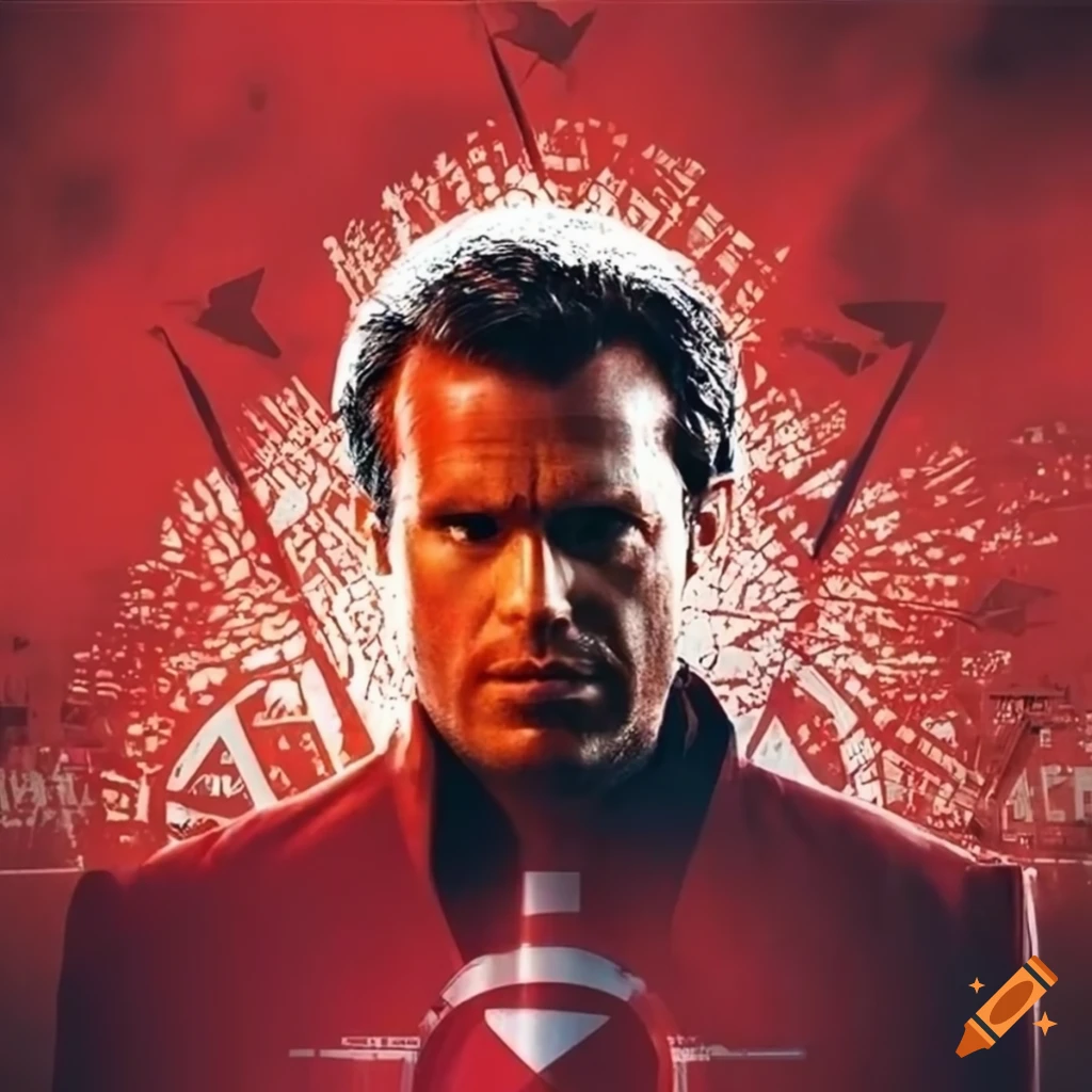 Movie action poster with red and white design elements