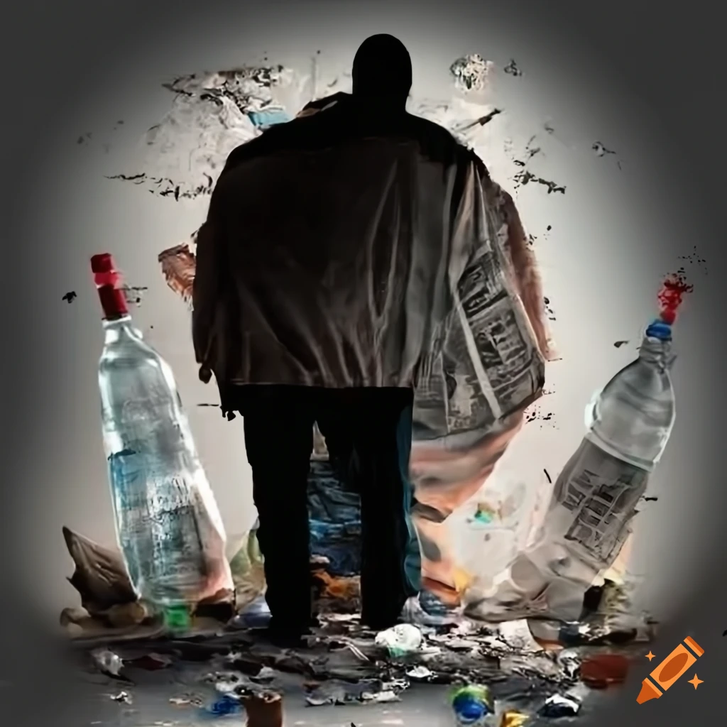 Artistic depiction of a man surrounded by garbage and newspapers on Craiyon