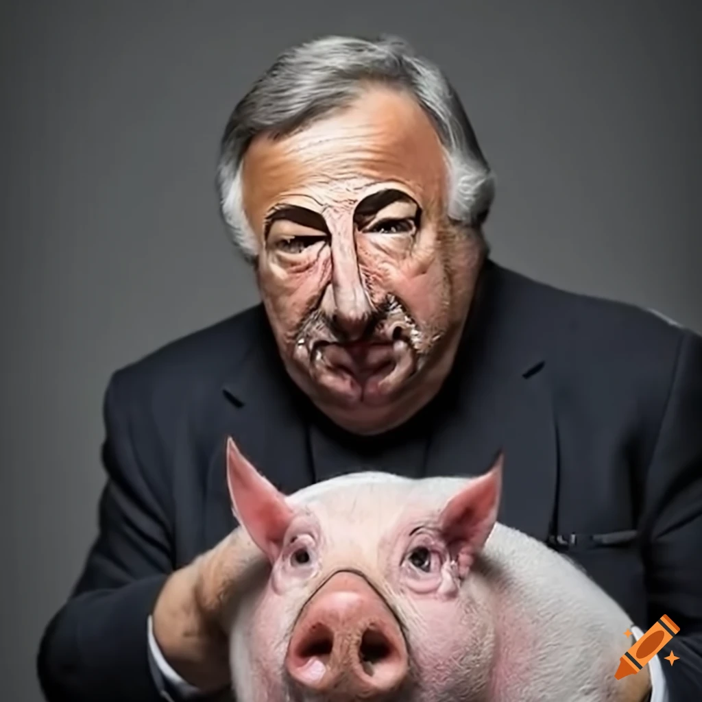 Satirical portrait of gérard larcher with a pig's snout mask
