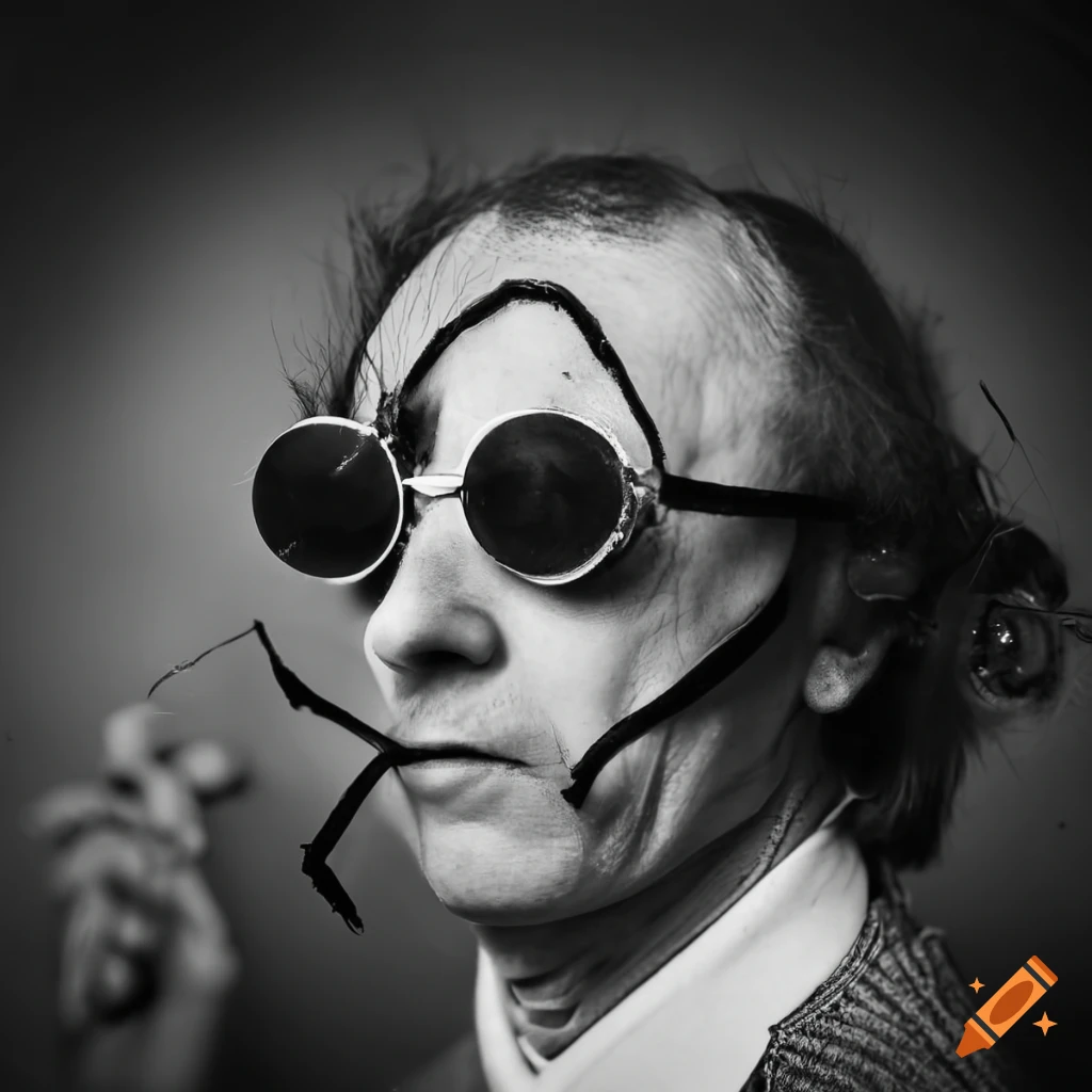 Black and white photo of a man in insect disguise