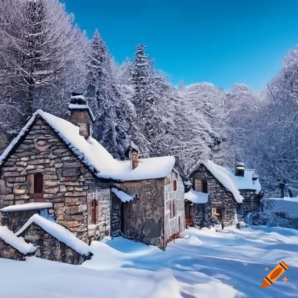 Charming snowy village with traditional stone houses on Craiyon