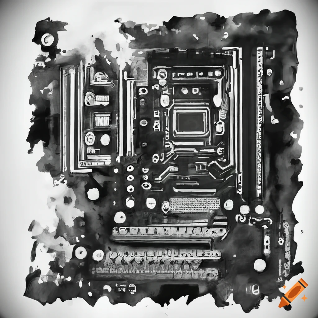 Watercolor of a black and white motherboard