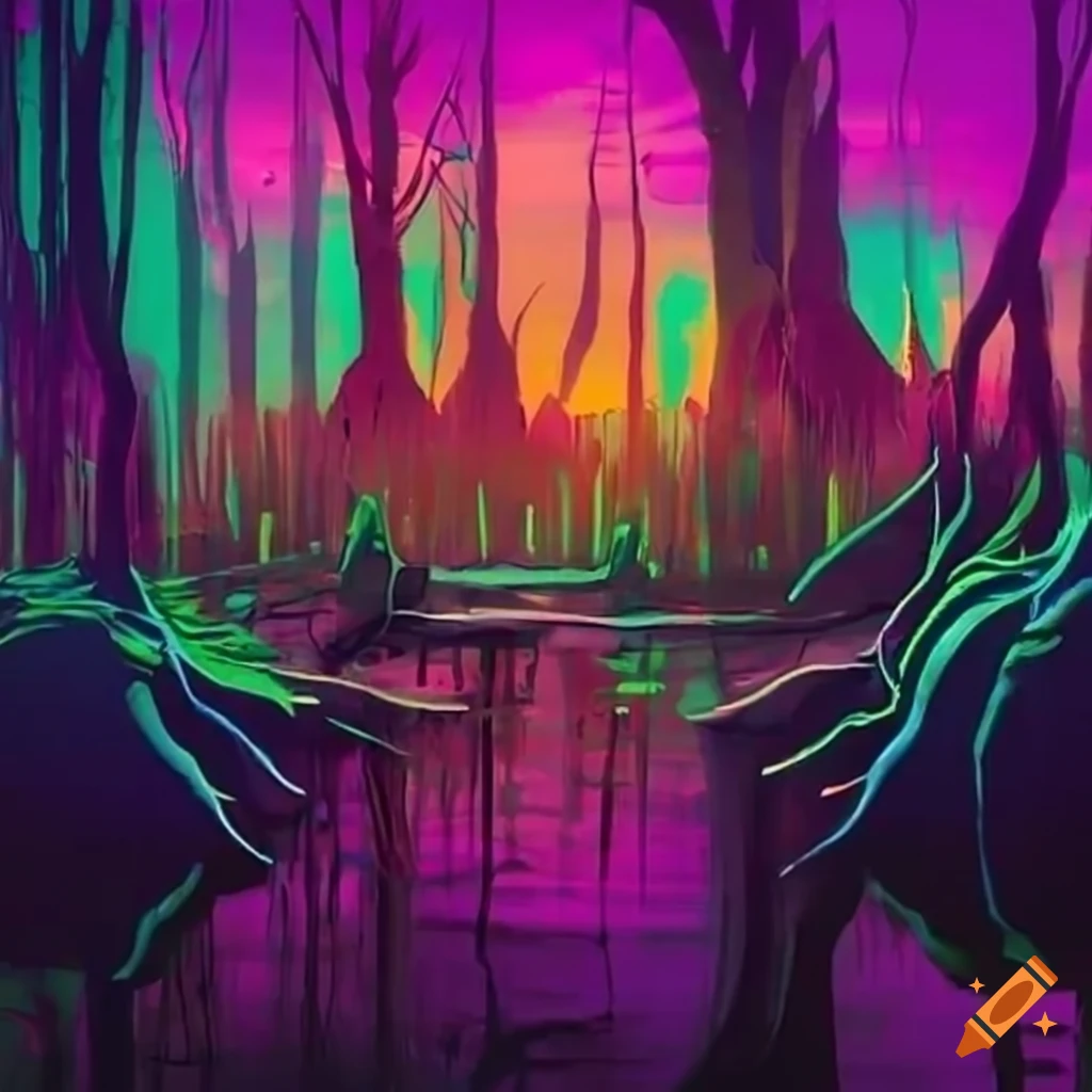 Neon artwork of a swamp