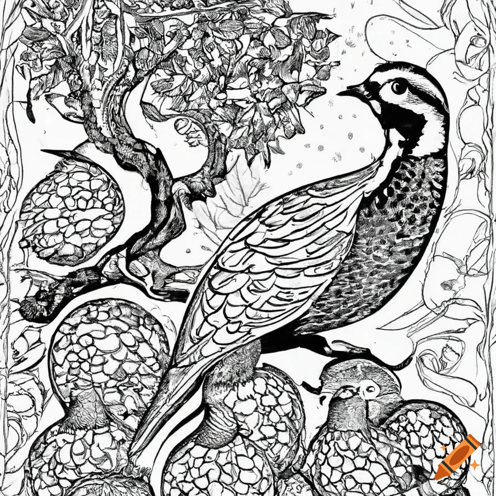 Black and white sketch of a partridge on a pear tree