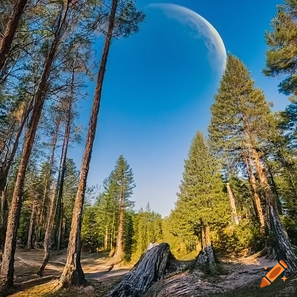 Night sky above a big tree stump in a pine forest on Craiyon