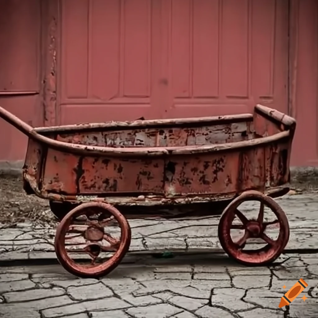 Rusted red wagon fallen on the ground